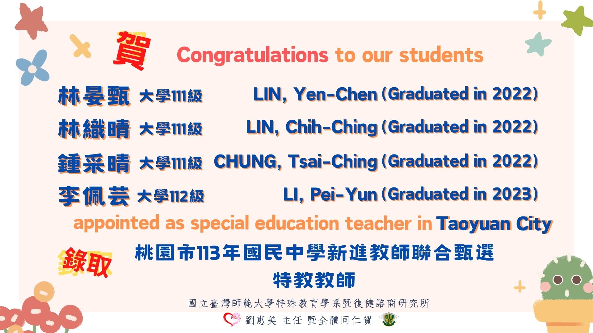 Congratulations to our students LIN, Yen-Chen (Graduated in 2022) LIN ...